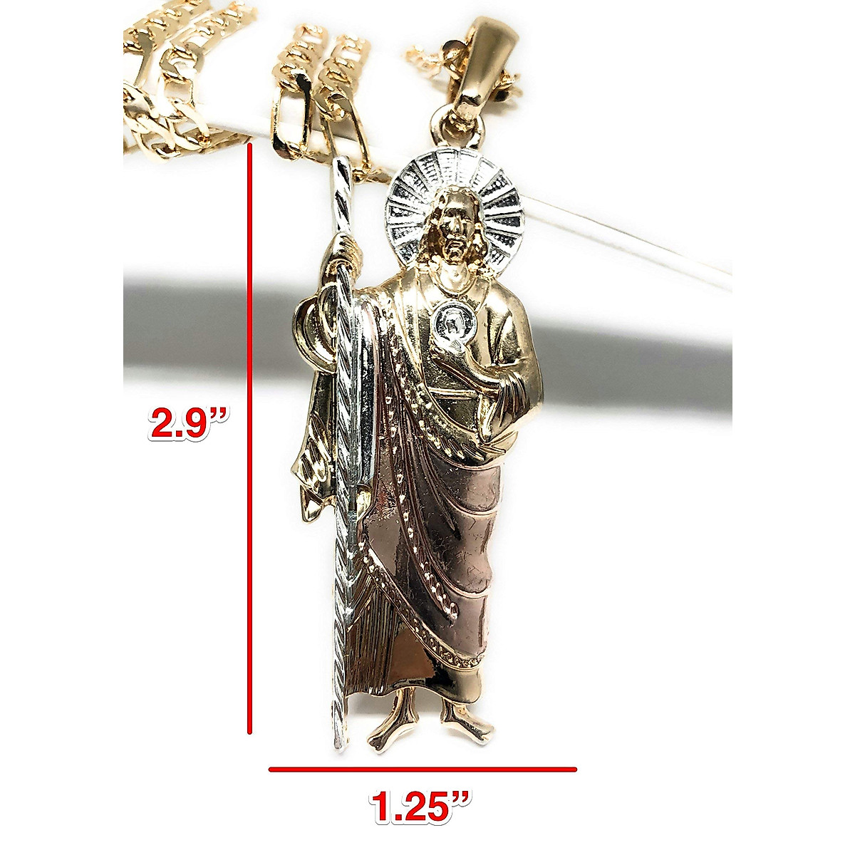 Big Saint Jude Pendant Necklace Figaro 26" San Judas Tadeo XL Tres Colores Medalla Con Oro Laminado