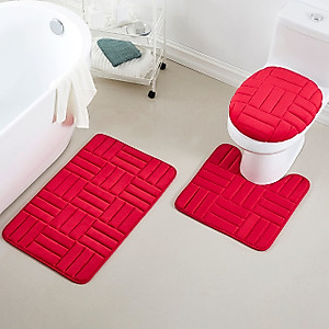 Yafa Home Fashion 3 Piece Rectangular Design Embossed Solid Color Memory Foam Soft Bathroom Rug Set Non-Slip PVC Backing