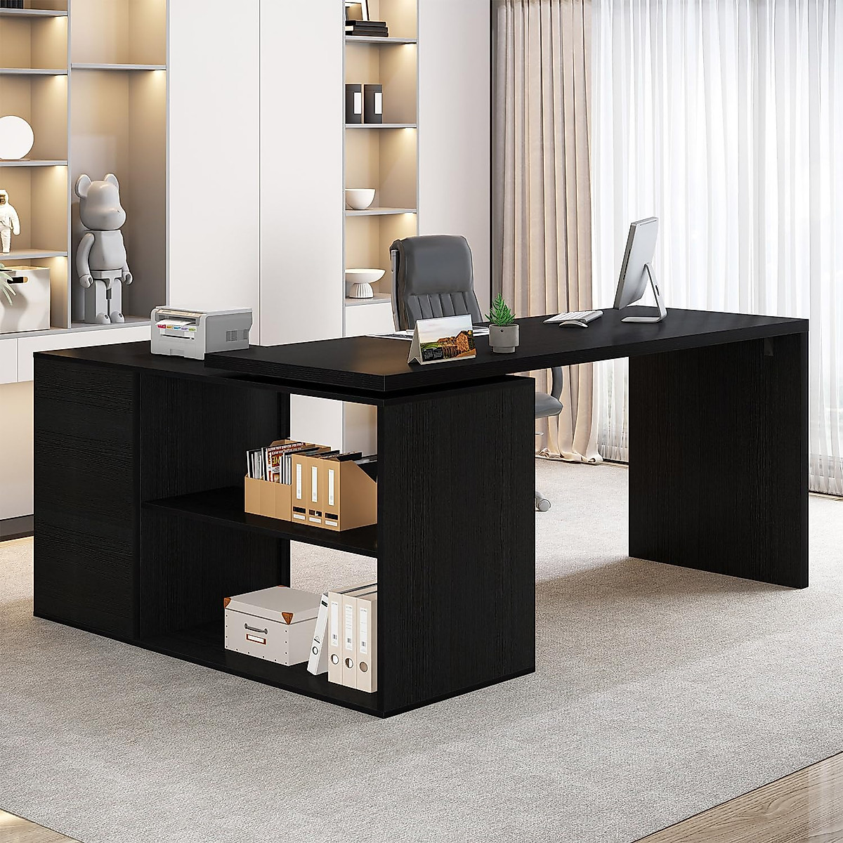 HSH Black L Shaped Computer Desk with Drawers, L Shaped Home Office Desk with Storage Cabinet Shelves, Reversible Corner Wood Writing Desk for Executive Work Study,Large Bedroom Computer Table,55 Inch