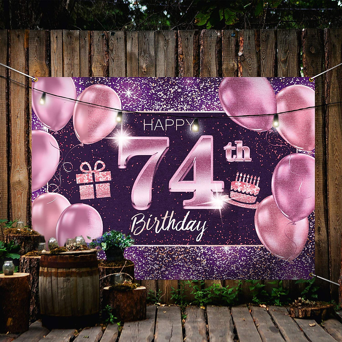 PAKBOOM Happy 74th Birthday Banner Backdrop - 74 Birthday Party Decorations Supplies for Women - Pink Purple Gold 4 x 6ft