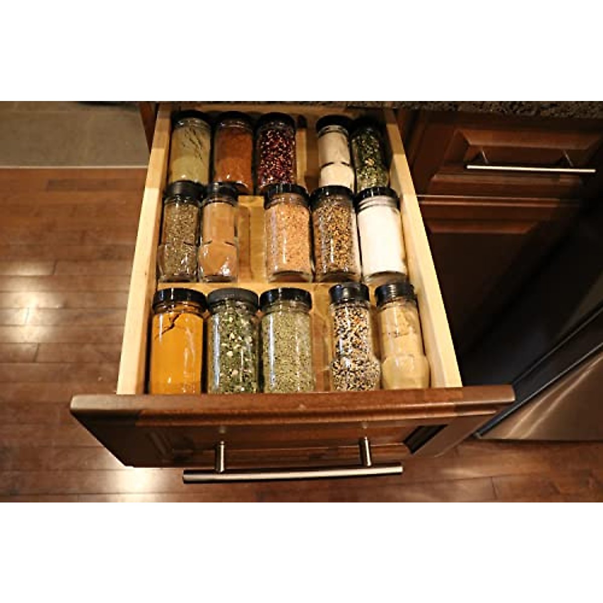 Bamboo Spice Rack Drawer Organizer - 10 in Width - Interlocking Low Profile Pieces with Anti-Slip Tape - Combine or Split Sets for Two Separate Drawers or Different Size Drawers