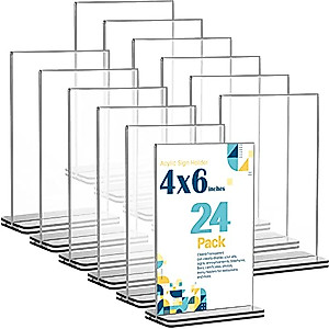 24 Pack Acrylic Sign Holder 4 x 6 Inch Clear Table Sign Holder Double Sided T Shape Plastic Desktop Display Holder Vertical Menu Stand Business Store Sign Holders for Wedding School Office Hotel Party