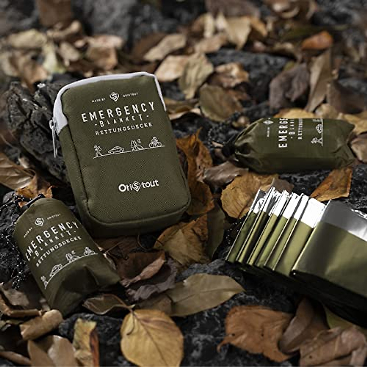 OriStout Emergency Blankets for Survival, 4 Pack of Extra Large Thermal Space Mylar Blankets, Emergency Blanket for Car, Winter Survival Kit for Snow/Camping/Hiking/Outdoor (Army Green)