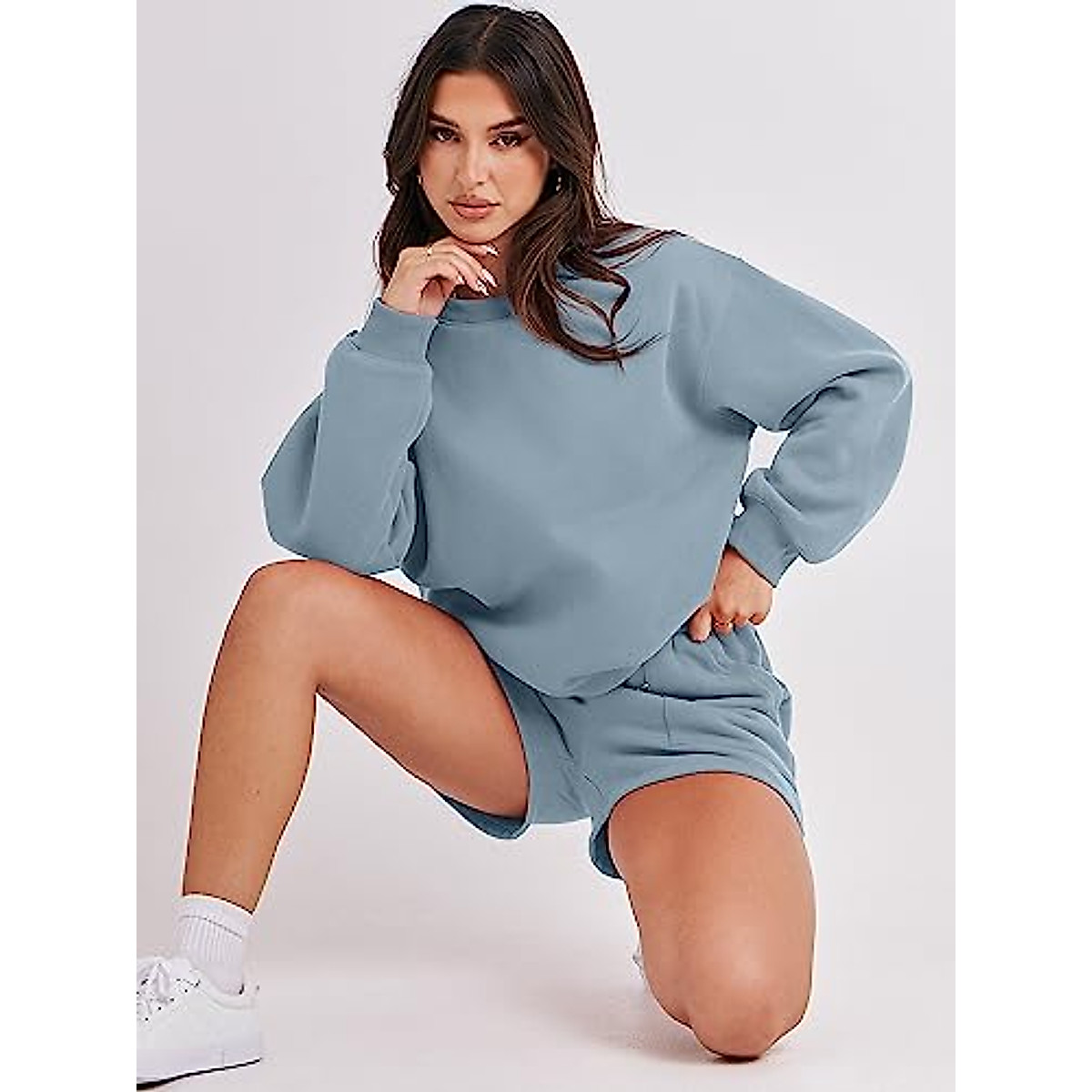 ANRABESS Women 2 Piece Lounge Set Fall Outfits Sweatsuit Fleece Oversized Crewneck Sweatshirt Loungewear Shorts 2023 Casual Cozy Pajamas Macthing Tracksuit Set 1047huilan-XL