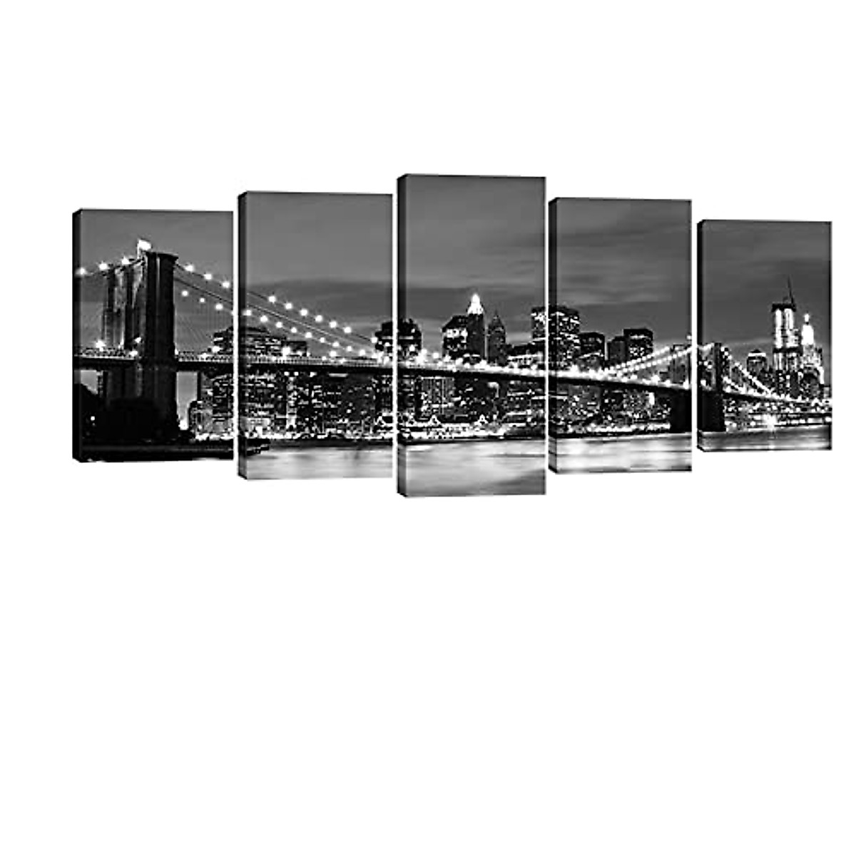 Wieco Art New York Brooklyn Bridge Canvas Wall Art Night View 5 Panels Modern Landscape Artwork Canvas Prints Abstract Pictures to Photo Canvas Wall Decor for Home & Office Decorations