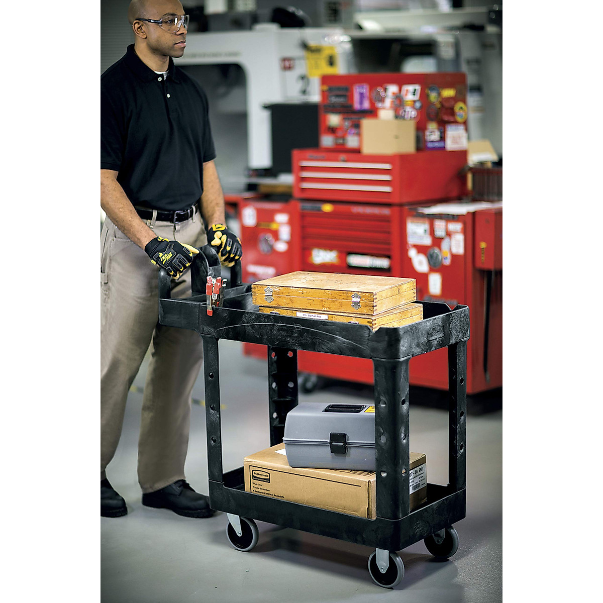 Rubbermaid Commercial Products 2-Shelf Utility/Service Cart, Small, Lipped Shelves, Ergonomic Handle, 500 lbs. Capacity, for Warehouse/Garage/Cleaning/Manufacturing (FG450088BLA)
