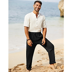 iWoo Mens Elastic Waist Drawstring Pants Summer Beach Pants Linen Yoga Pants Black XL
