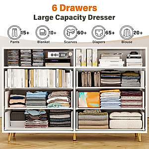 EnHomee Dresser for Bedroom, White Dresser with LED, Chests of Drawers, 6 Drawers & 2 Shelves for Bedroom, Wood Chests of Drawers, Large Space Saver Furniture