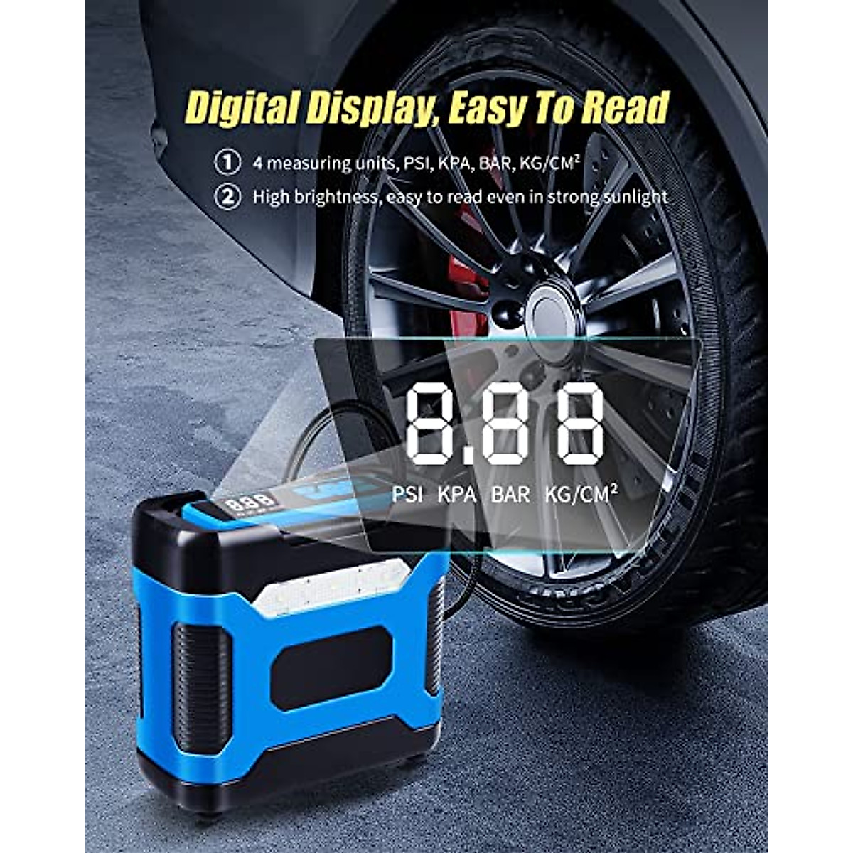 Tire Inflator Portable Air Compressor, Air Pump for Car Tires 12V DC Car Tire Pump with Digital Pressure Gauge, 150PSI Car Air Pump with Emergency LED Light for Cars, Bikes, Balls, and Others - Blue
