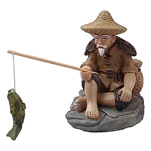 Serenable Fisherman Resin Figurines Fishing Old Man Garden Statue Bonsai Planter Pool Miniature Figure Indoor Sculpture Porch Patio Home Office Ornaments