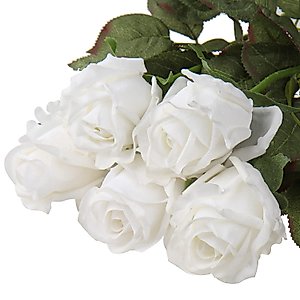 DILATATA Artificial Realistic Roses White Flowers 24" Real Touch Silk Roses Bouquet Long Stems Rose Fake Roses Decor for Home Party Wedding Table Centerpieces Roses Realistic - 5 Pcs