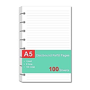 Junior Size Refills Paper, A5 Loose Leaf Paper for TUL Custom Note-Taking System Discbound Notebook Planner Inserts, White, Total 100 Sheets/200 Pages, College Ruled, 5.5 X 8.5 Inch