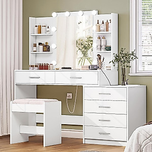 FIONESO Vanity Desk with Mirror & Lights, Makeup Vanity with 6 Drawers, 6 Open Shelves and Power Outlet, 48” Storage Makeup Vanity Desk with Stool Bench for Women, Girls, Bedroom, White