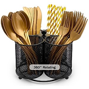 DysanVica Silverware Holder Utensil Caddy - 360° Rotating Silverware Caddy 4 Compartment Metal Cutlery Organizer Fork Spoon Napkin Plastic Flatware Storage Basket Party Countertop Picnic Outdoor Black