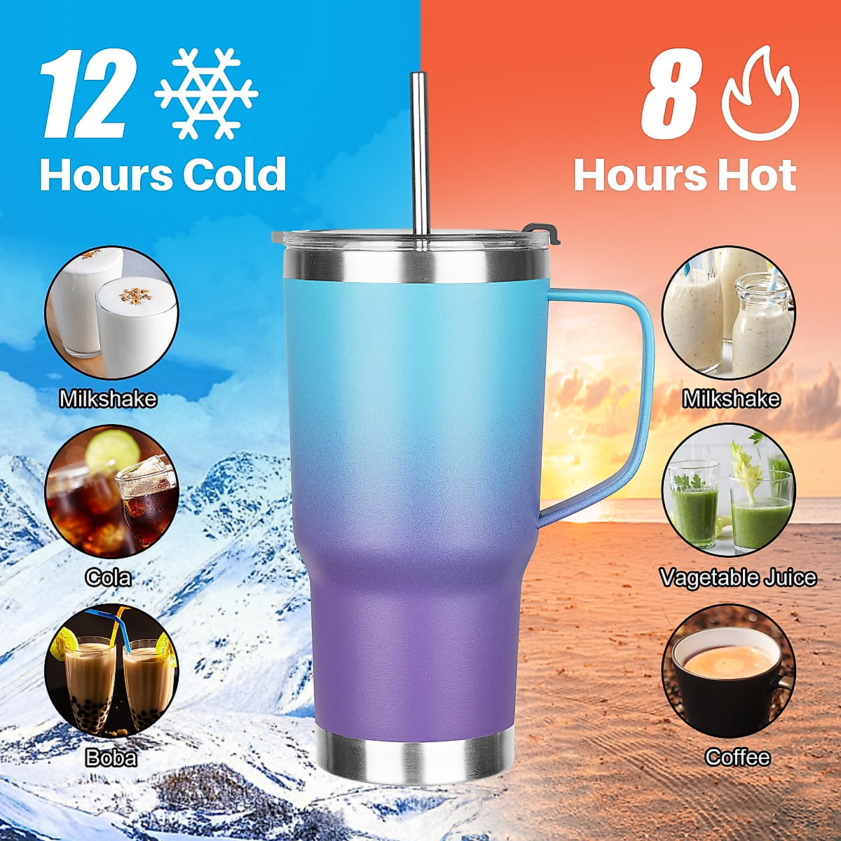 GUDEMAO 20 oz Tumbler with Handle, Stainless Steel Insulated Tumbler with Lid and Straw, Double Wall Vacuum Insulated Coffee Mug Tumbler, Insulated Coffee Thermal Cup for Cold and Hot（Blue Purple）