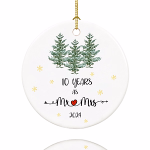 10th Tin Anniversary 2024, 10 Year Anniversary Mr and Mrs Gifts for Couple, 10th Wedding Anniversary for Husband Wife, 2.9" Ceramic 10th Anniversary Keepsake Christmas Decoration