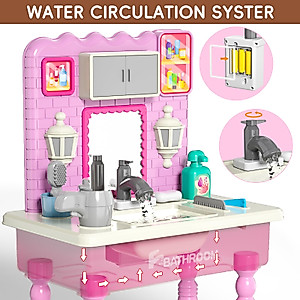 Lucky Doug Pretend Play Sink Toys for Kids, Bathroom Sink Toy with Running Water, Girls Vanity with Mirror and Stool for Kids Ages 3 4 5 6 7 Year olds