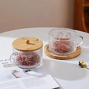 kickmove 4 Pack 14oz Glass Coffee Mugs with Spoons, Clear Embossed Vintage Cups for Latte,Cappuccino,Tea.Thanksgiving,Christmas,Valentine,Mother and Father's Day Gift for Family and Friends