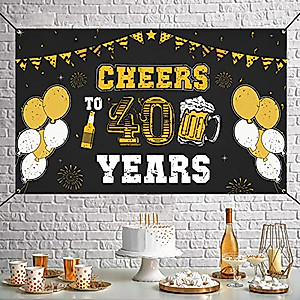 DARUNAXY 40th Birthday Black Gold Party Decorations, Cheers to 40 Years Banner for Men 40 Year Old Birthday Party Supplies, Large Fabric 40 Birthday Backdrop Photography Background for Women
