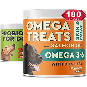 Fish Oil Omega 3 Treats for Dogs + Probiotics for Dogs Bundle - Joint Health + Advanced Allergy Relief Dog Probiotics Chews - Alaskan Salmon Oil + Digestive Enzymes - 120+180 Soft Chews - Made in USA