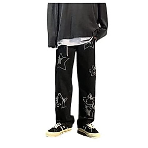 Vintage Men's Korean Denim Pants Y2K Cltohes Streetwear Printed Patchwork Male Baggy Jeans Straight Trousers (Black,2XL,XX-Large)