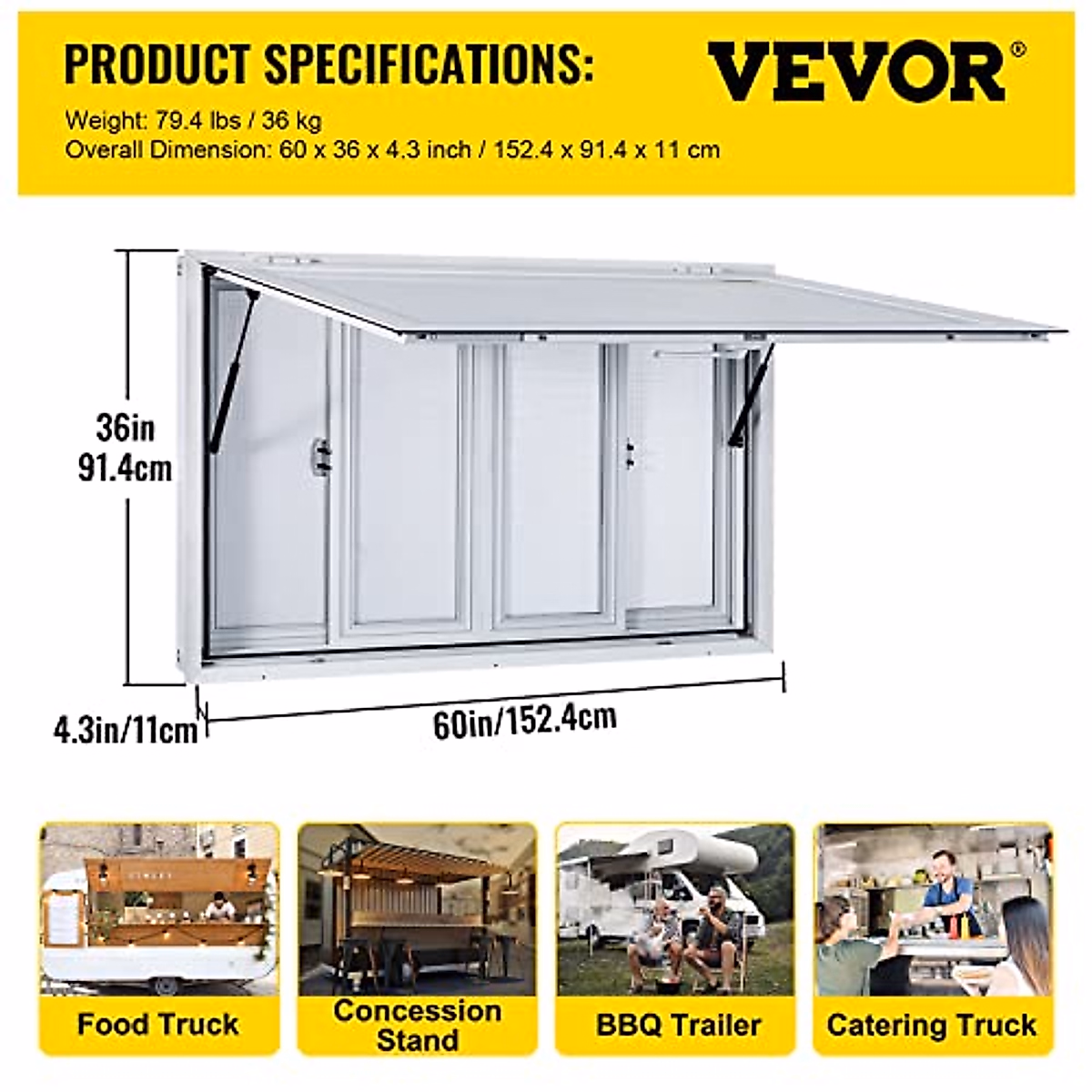 VEVOR Concession Window 60 x 36 inch, Aluminum Alloy Food Truck Service Window with 4 Horizontal Sliding Screen Windows & Awning Door & Drag Hook, Serving Window for Food Trucks Concession Trailers