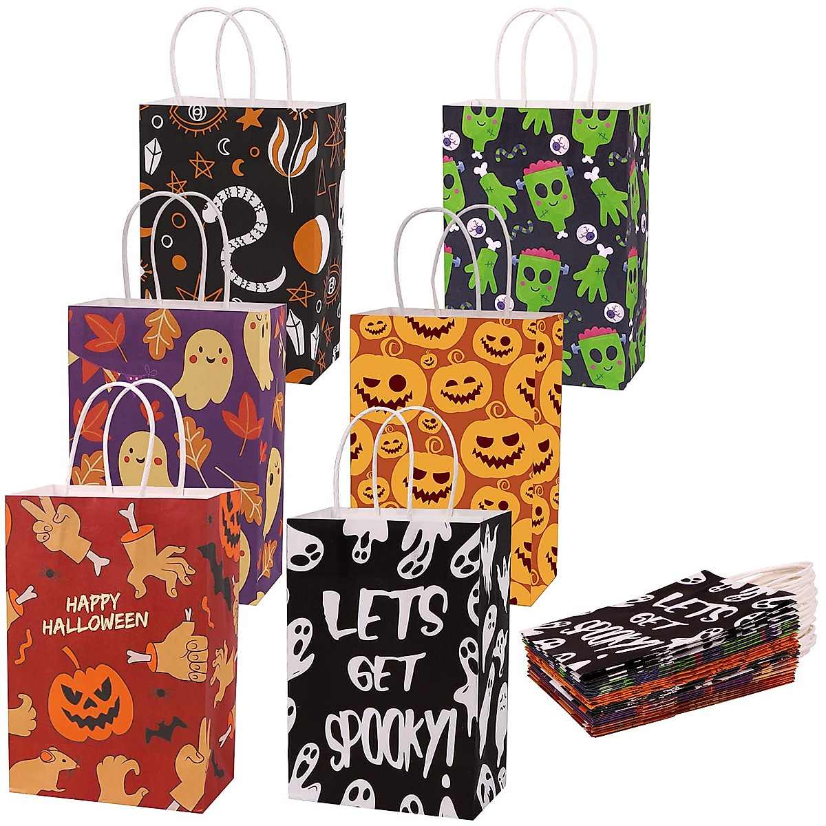 XIMISHOP 24PCS Halloween Kraft Gift Goodies Paper Bags Bulk with Handles for Halloween Party Favors