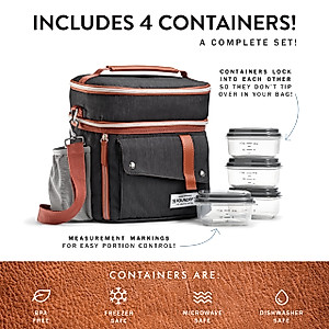 Fit & Fresh Foundry Extra Large Insulated Lunch Box for Men & Women, Large Lunch Bag for Meal Prep, Double Decker Adult Lunch Box for Men with Containers, Adjustable Strap, Dual Compartment, Black