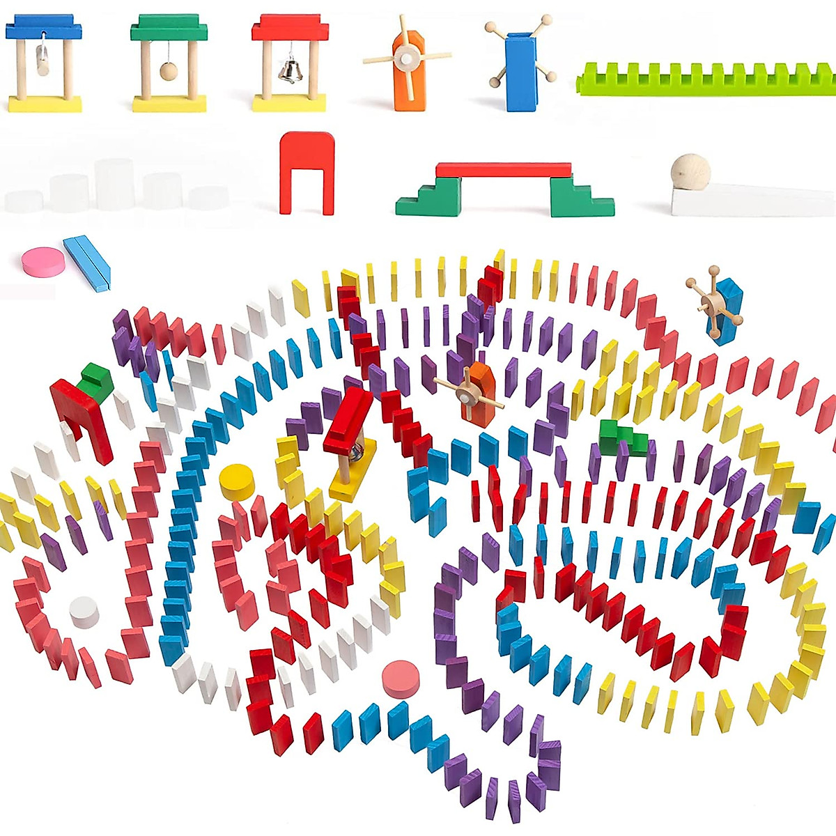 Joqutoys 600 PCS Dominoes Set for Kids, Wooden Domino Building Blocks, 6 Colors Bulk Dominoes Racing Tiles Games with Extra 26 Add-on Blocks and Storage Bag, Educational Toys for Kids Birthday Party