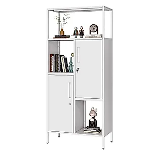 AFAIF Bookshelf with Doors, 71" H Tall Bookcase with Storage Shelves and Lock, Modern Open Shelf Bookcase, White Metal Bookcases with Storage Cabinet for Home Office, Bedroom, Living Room
