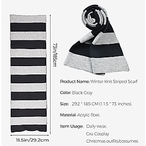 Gru Costume Scarf, Winter Cashmere Feel Knit Scarf for Men Women Classic Black Gray Striped Scarves Fall Lightweight Long Scarf Soft Shawl for Halloween Christmas Costume Father Gifts (Grey & Black)
