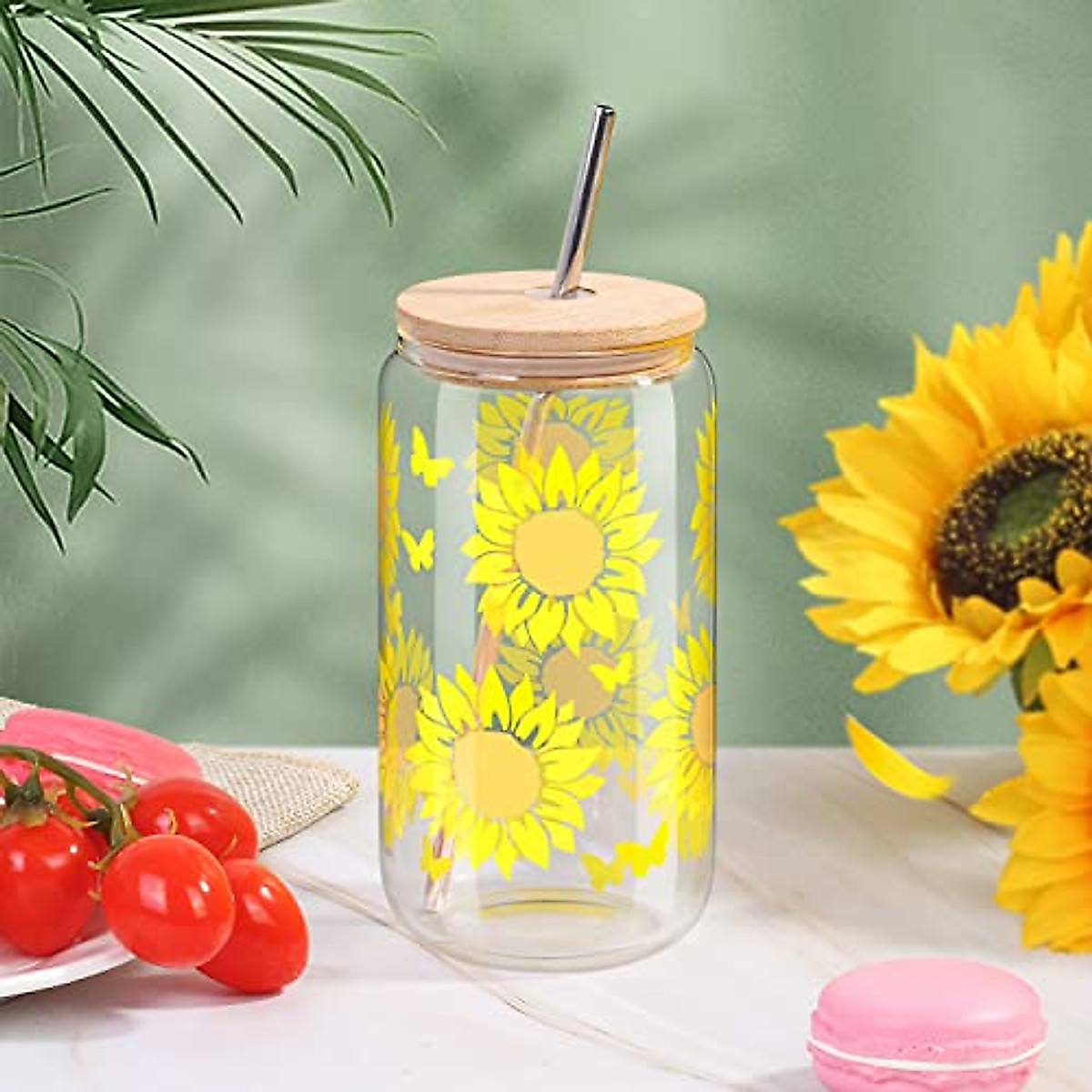 Lvoetgif Sunflower Gifts for Women, Iced Coffee Glass with Bamboo Lids and Straw, Beer Can Shaped Drinking Glass Cup, Inspirational Birthday Sunshine Christmas Gifts for Mom, Best Friend, Wife