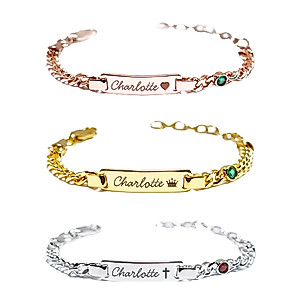 PUREFLY Personalized Baby Name Bracelets with Birthstone, 18k Gold Plated, Adjustable Length