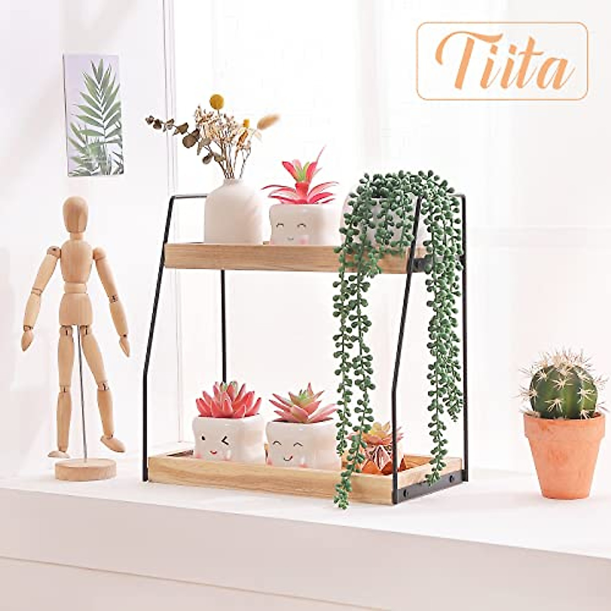 Tiita 2 Tier Bathroom Counter Organizer, Wood Bathroom Countertop Organizer, Kitchen Spice Rack Storage Shelf, Standing Vanity Tray for Countertop, Coffee Station Organizer
