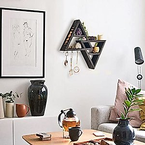 Sysnocon Triangle Crystal Shelf Display with Hooks, Moon Shelf for Witchy Room Decor Triangle Shelf for Crystal Stones Display, Crystal Holder Crystal Organizer Shelf for Living Room, Bed Room