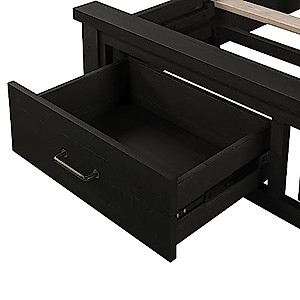Queen Size Platform Bed, Wood Platform Beds with Two Storage Drawers & Headboard Rustic Farmhouse Style Wood Bed Frame Queen for Bed Room, No Box Spring Needed (Black)