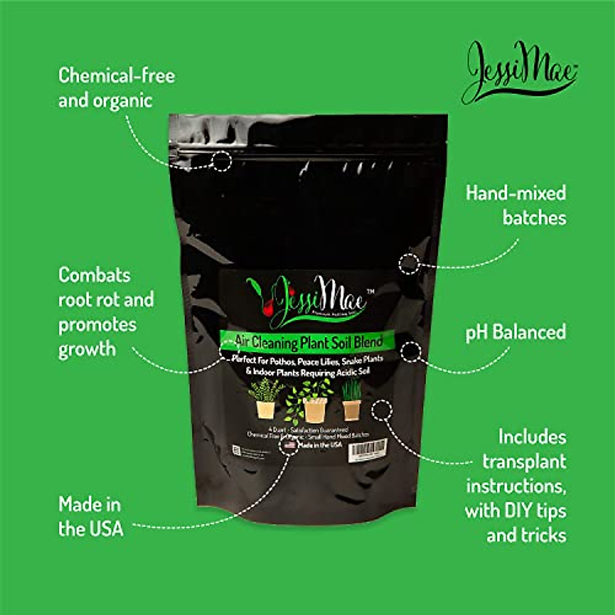 Jessi Mae - Air Cleaning Plant Soil - Acidic Organic pH Balanced Potting Soil - for Peace Lily, Snake Plant, Pothos, Parlor Palm, and Other Indoor Plants - Well-Draining Potting Soil - 4 Quarts