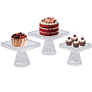 3 Piece Dessert Stand Cake Plate,Crystal Plated Cheese Dessert Cupcake Cake Stand with Mirror Plate-Silver Square