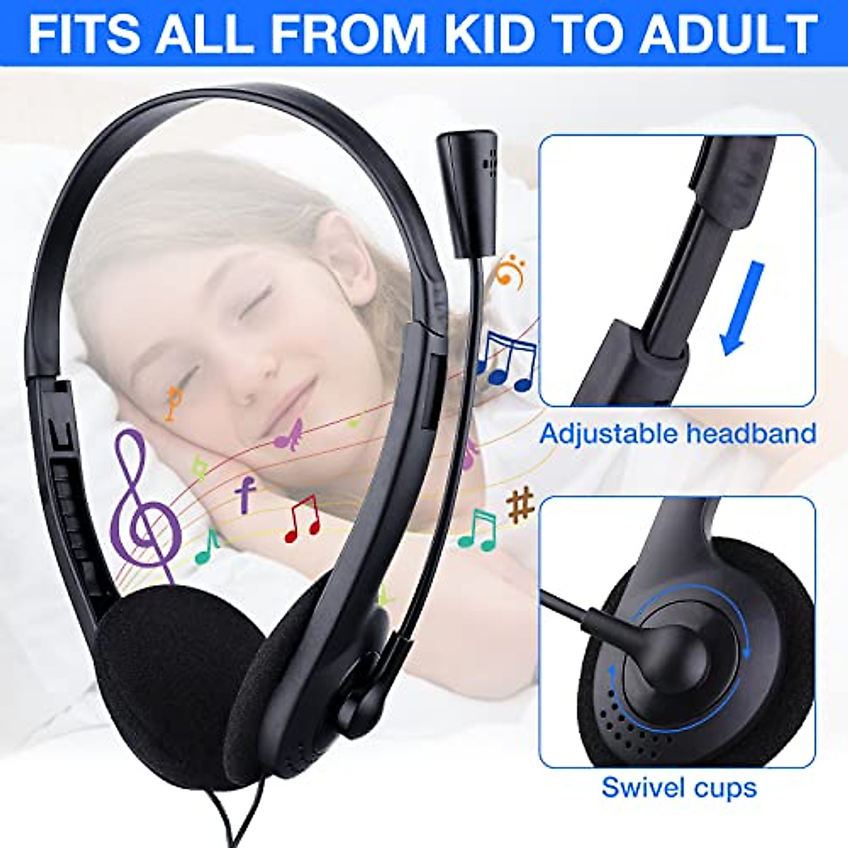 30 Pack Kids Classroom Headphones with Microphone School Student Headphones Bulk Class Set Lightweight Adjustable Earphones on Ear for Child Travel 3.5 Jack Universal Plug (Plastic Microphone Stem)