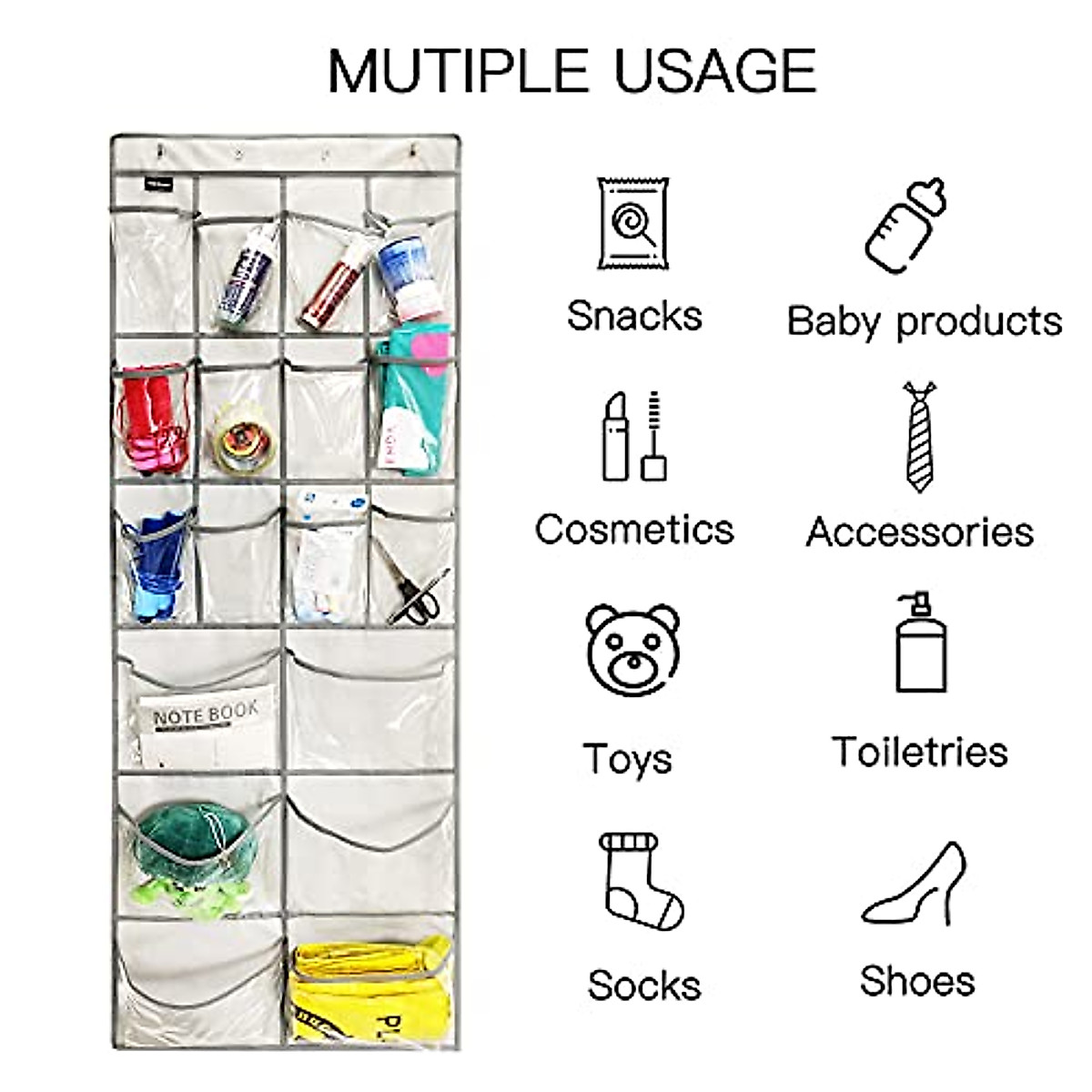 TidyMaster 2 Pack Extra Large Hanging Crystal Clear Over Door Shoe Organizers,closet shoe organizer shoe rack organizer shoe storage,12+6Pockets,8+8Hooks,Gray (59"x 21.6")