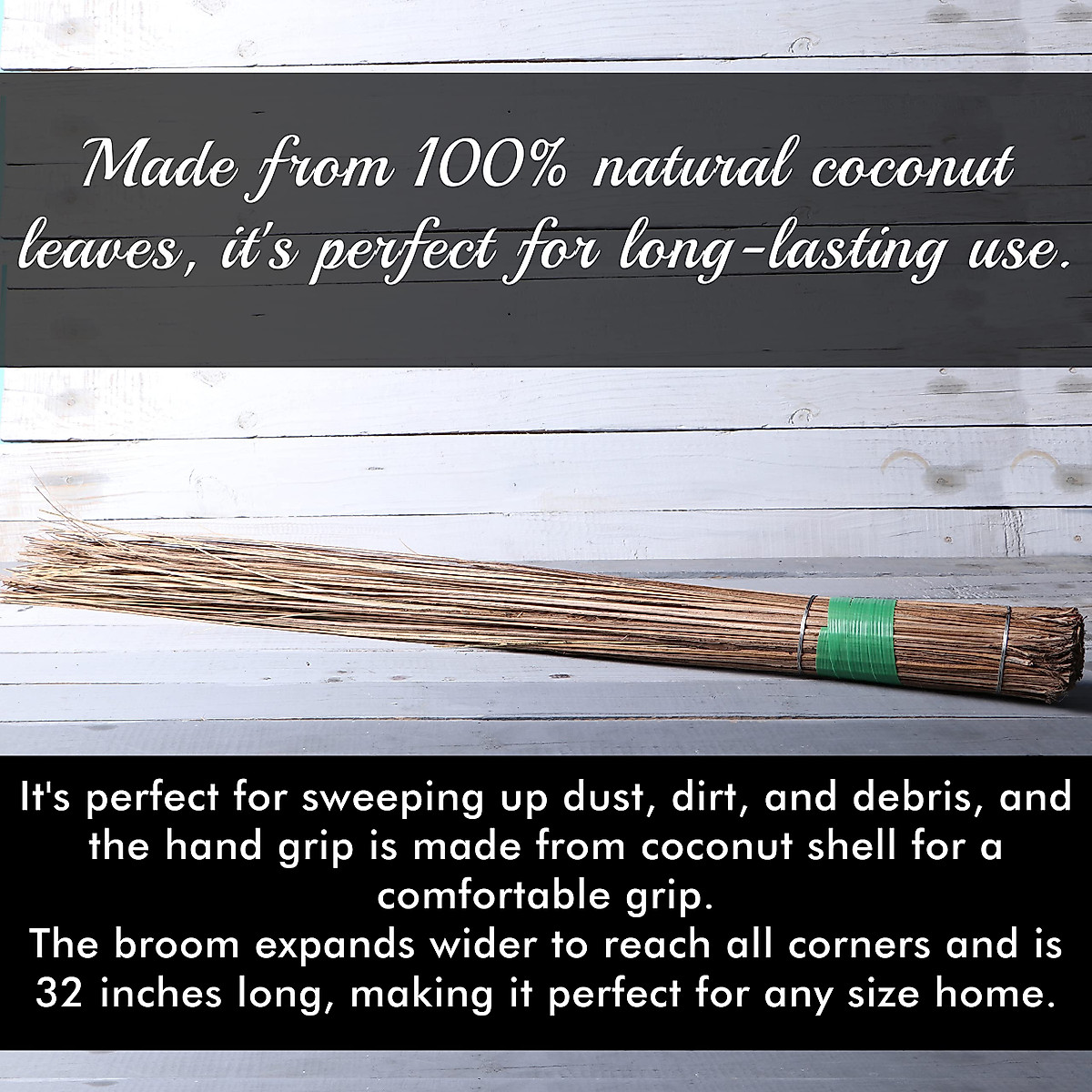 1 Piece of 32 inch Multi-Surface Sturdy Outdoor Authentic Coconut Leaf Broom Asian Heavy Duty Broom Thai Natural Coconut Leaf Broom (Country Rustic)