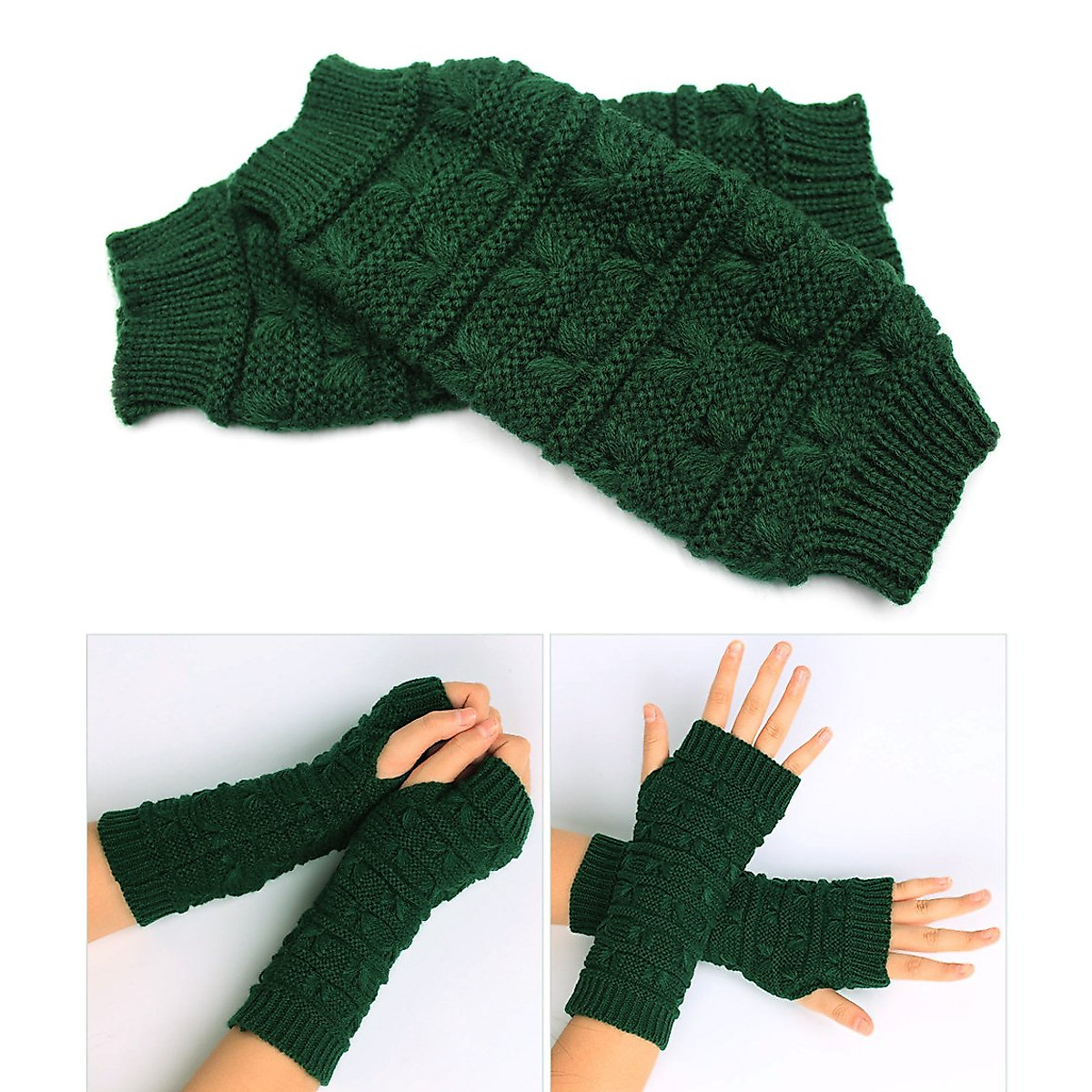Women Winter Fingerless Gloves Crochet Knit Arm Warmers Mittens with Thumb Hole,Khaki