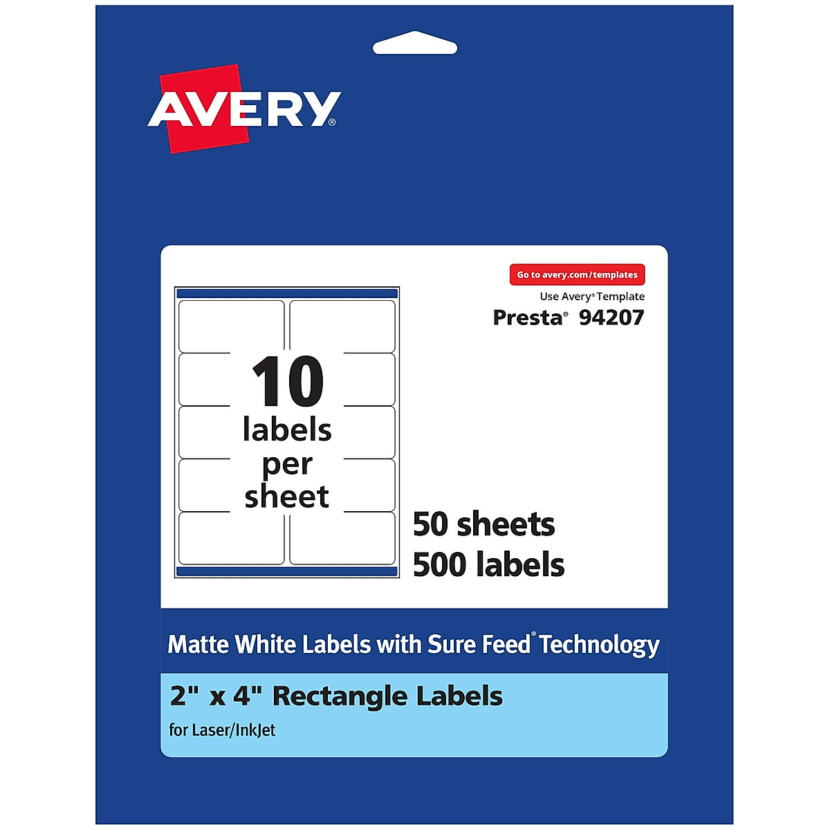 Avery Matte White Rectangle Labels with Sure Feed, 2" x 4", 500 Matte White Printable Labels