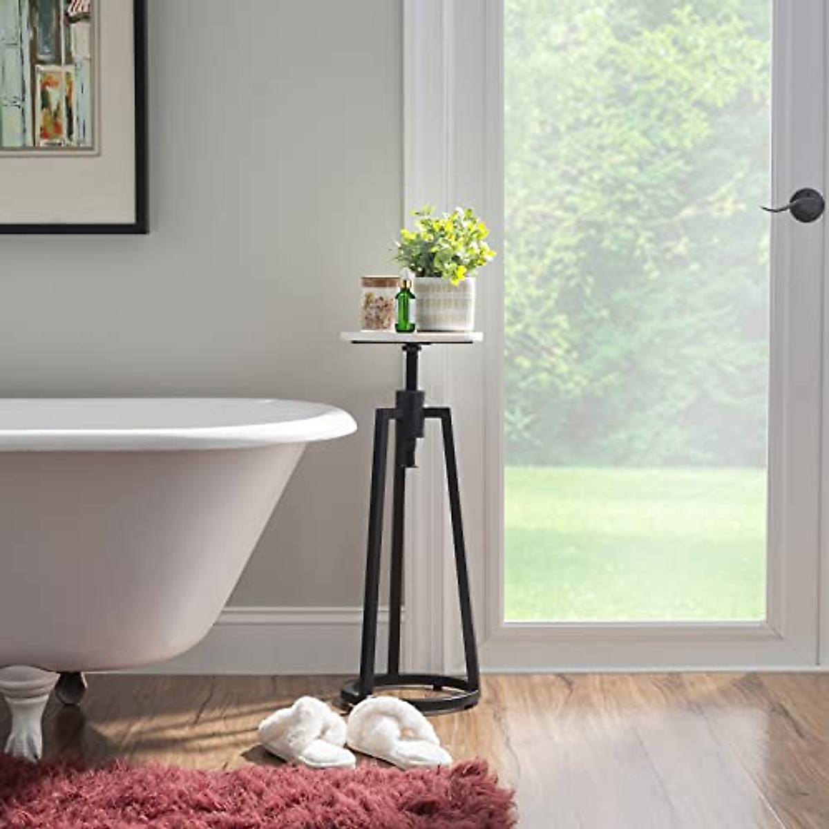 Powell White Marble Top Drink Industrial Style Black Metal Adjustable Height Base Muriel Side Table