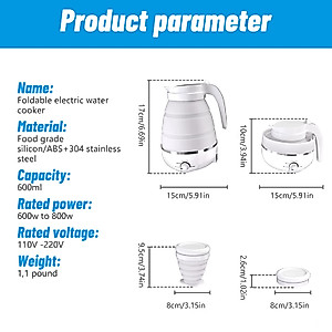 600ml Travel Electric Kettle, Portable Travel Foldable Electric Kettle Home Collapsible 5 Different Temperature Silicone Water Boiler and Tea Pot for Camping (White)