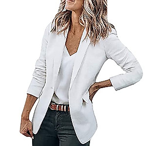 Long Blazer Jackets for Women, Cropped Blazers Women Oversized Blazers Black Leather Blazer Women's Casual Lapel Open Front Sleeve Work Office Suit Jacket Coat and White Striped (M, White-5)