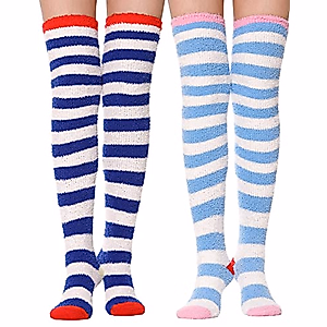 MOGGEI Womens Thigh High Fuzzy Socks Over Knee High Striped Stocking Stuffers Fluffy Cozy Slipper Fleece Gift Socks 2 Pairs (Blue & White Striped)