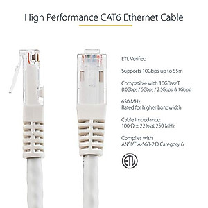 StarTech.com 6ft CAT6 Ethernet Cable - White CAT 6 Gigabit Ethernet Wire -650MHz 100W PoE++ RJ45 UTP Molded Category 6 Network/Patch Cord w/Strain Relief/Fluke Tested UL/TIA Certified (C6PATCH6WH)