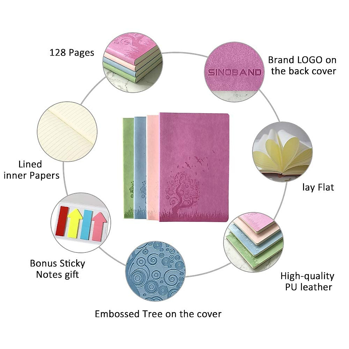 SINOBAND 4 Pieces Journals for Writing, A5 Paperback Colorful Notebooks, PU Leather Soft Cover, Lined Paper, Subject Notebooks for School and Office (Random Color)