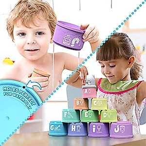 Stacking Cups Toy for Toddler Plus Bonus Squirting Baby Bath Toy & Bear Head Shaker with Numbers, Letters, Patterns, Fun Educational Toys for 6 Months +, 1 2 3 Years
